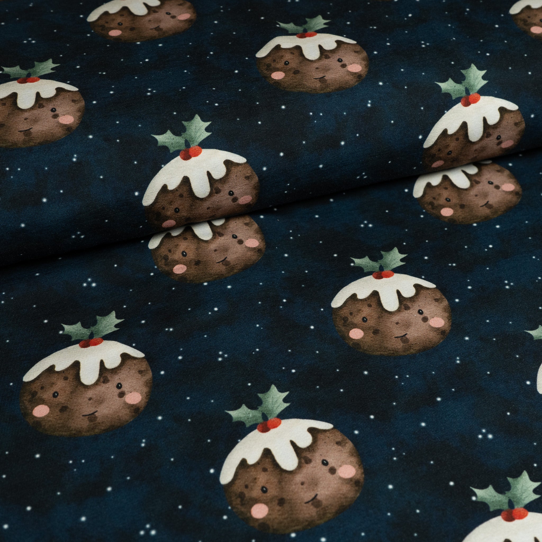 Cotton Jersey - Christmas Puddings in Navy – Lilac and Rose Fabrics