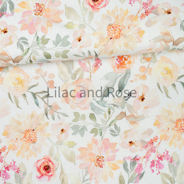 Cotton Twill - Watercolour Dahlias – Lilac and Rose Fabrics